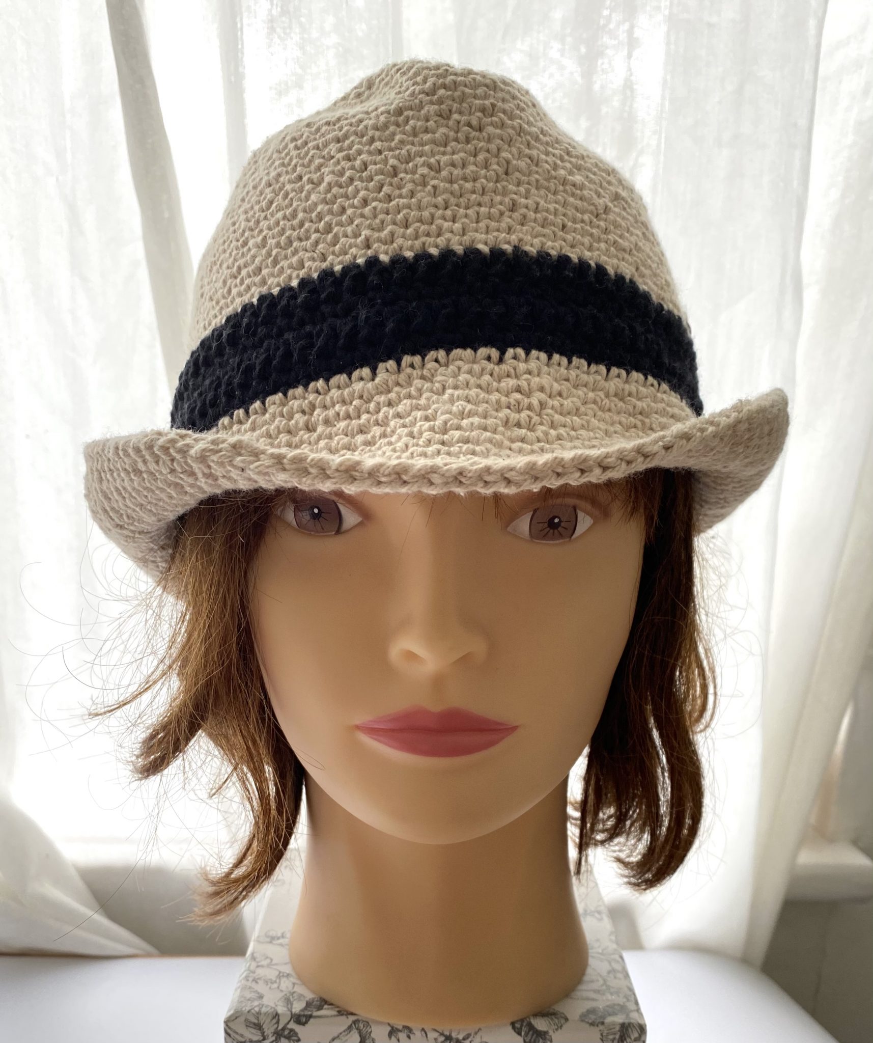 Natural Crochet Fedora Hat with Black Band - J C Lee Collection